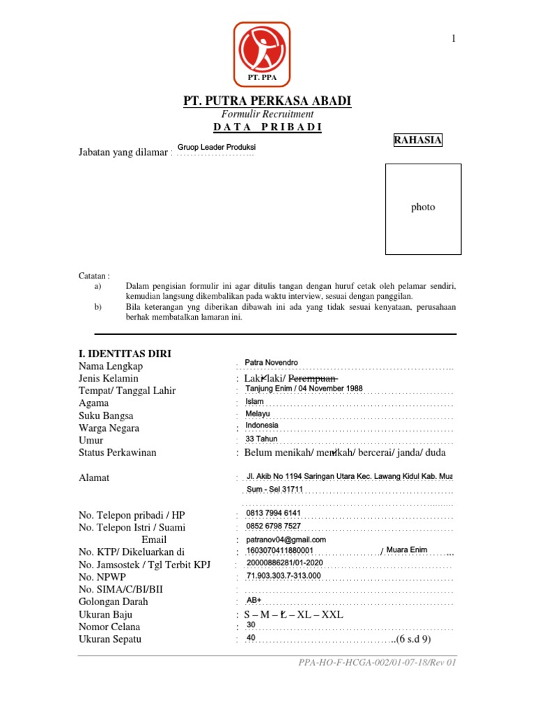 Form Recruitment Data Calon Karyawan PT. PPA | PDF