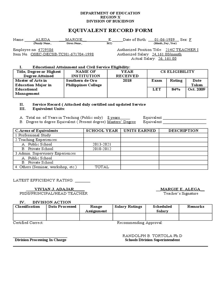 EQUIVALENT RECORD FORM FOR TEACHER PROMOTION | PDF