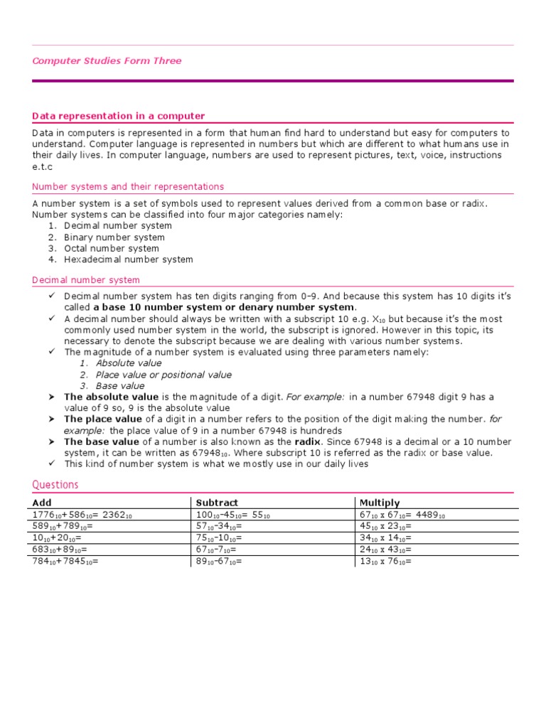 Types Data Representation in Computer | PDF | Decimal | Numbers