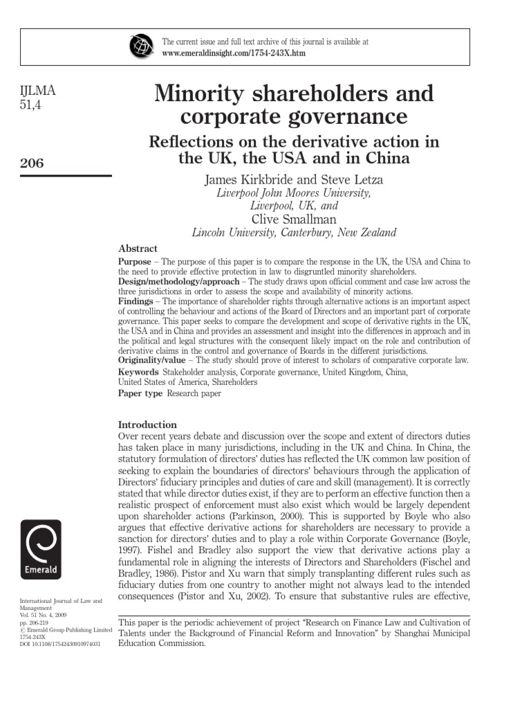 Minority Shareholders and Corporate Governance: Reflections On The ...
