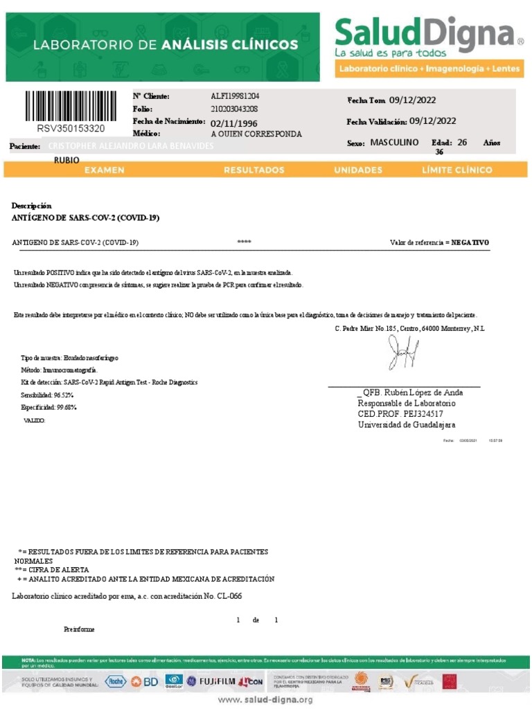 Juan Perez Covid@Salud Digna | PDF | Diagnostico medico | Inmunología