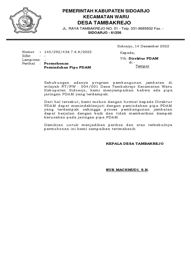 Surat Permohonan Pemindahan Pipa PDAM | PDF | Teknologi & Rekayasa | Komputer