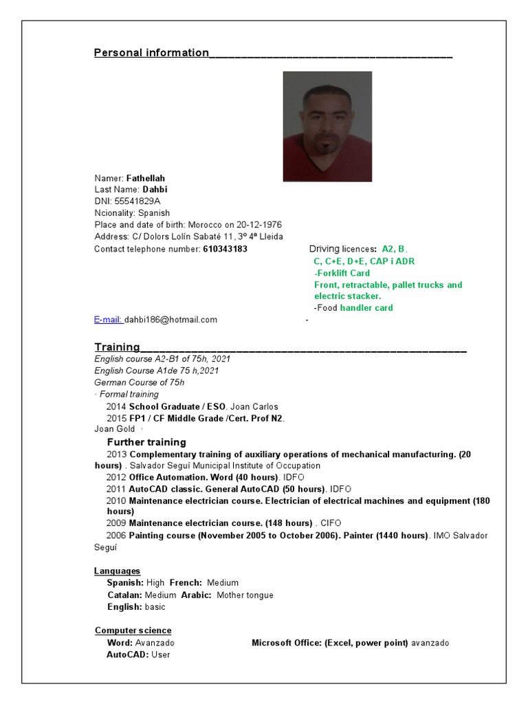 Curriculum Vitae Inglés | PDF | Forklift | Truck