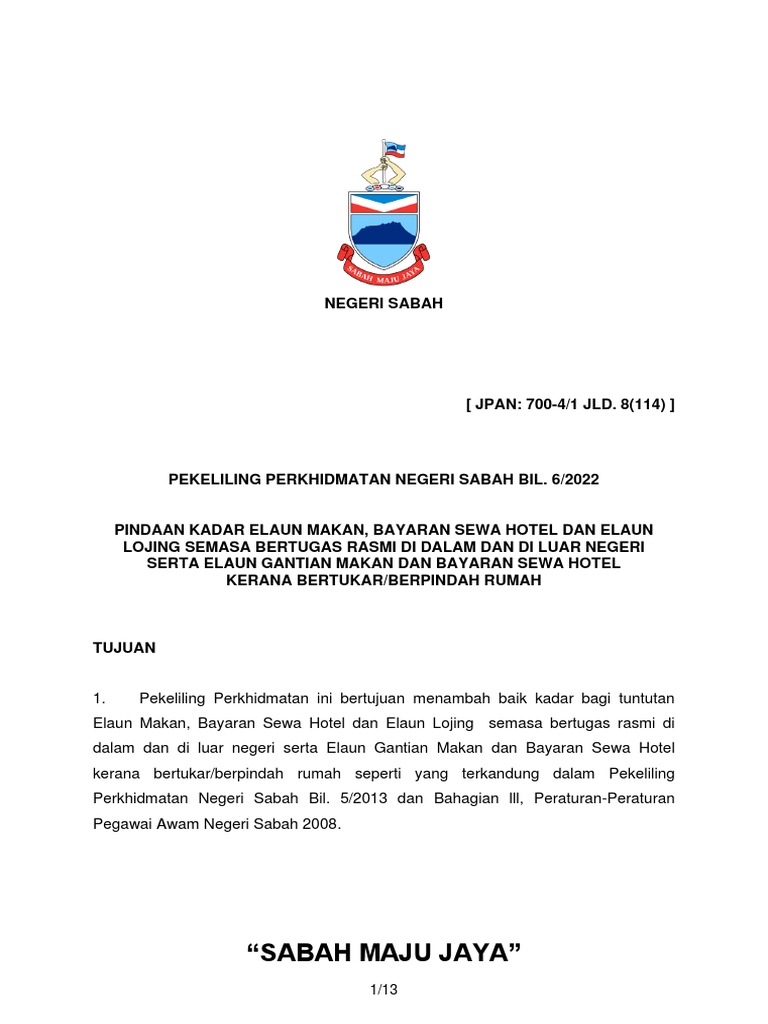 Pekeliling Perkhidmatan Negeri Sabah Bilangan 6 Tahun 2022 | PDF
