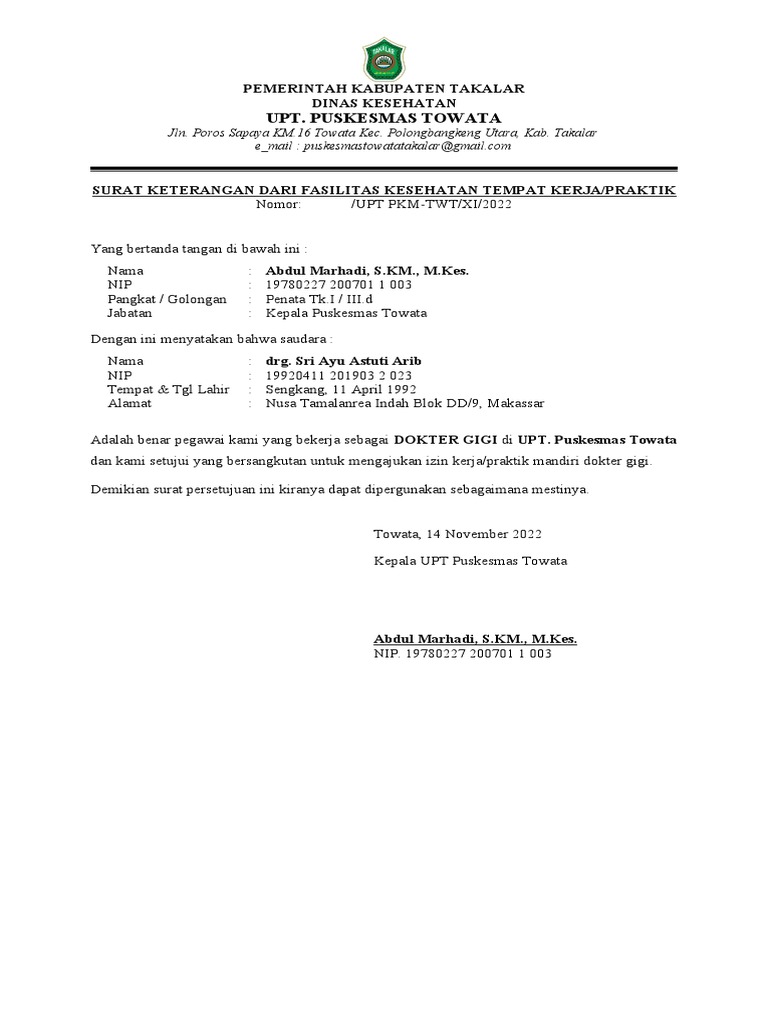 Surat Izin Praktik Dokter Gigi Towata | PDF