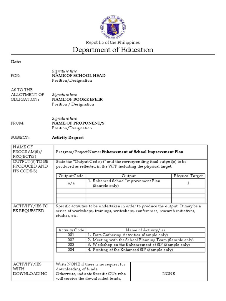 Enclosure No. 2. Activity Request Revised Template For Implementing ...