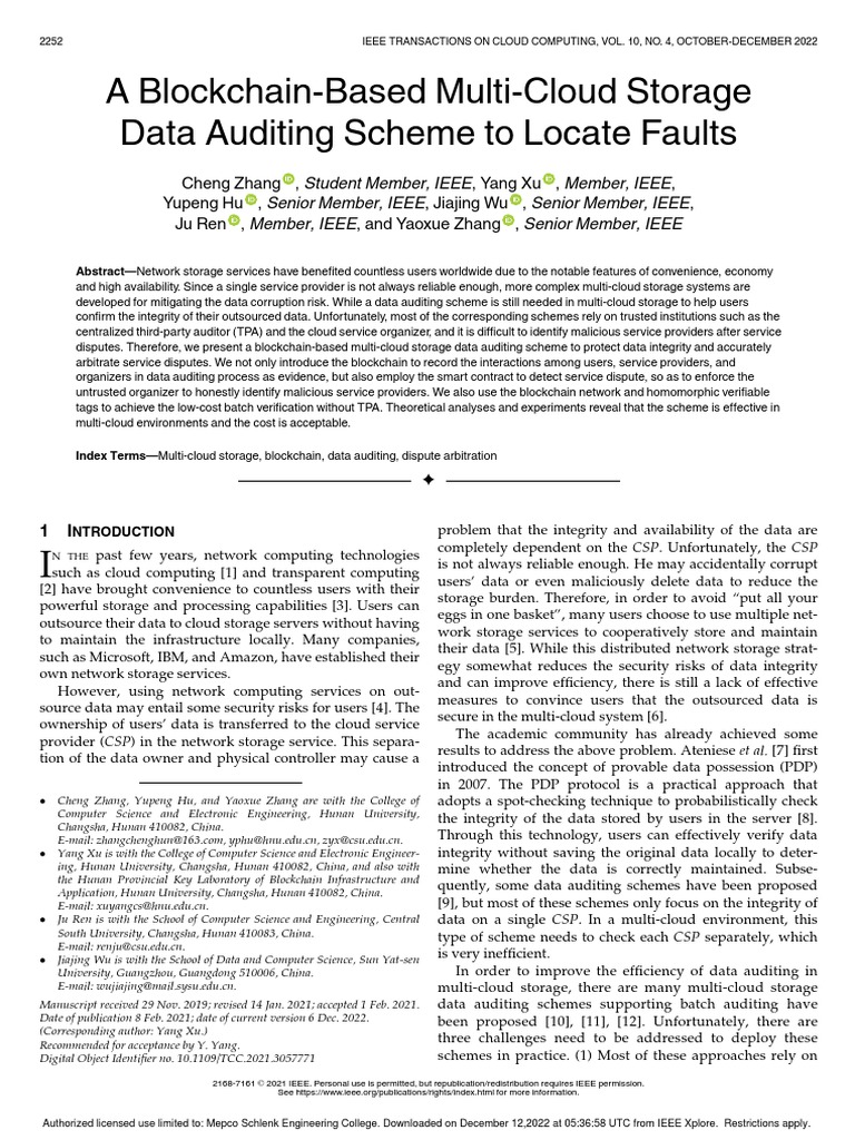 A Blockchain-Based Multi-Cloud Storage Data Auditing Scheme To Locate Faults | PDF | Cloud ...