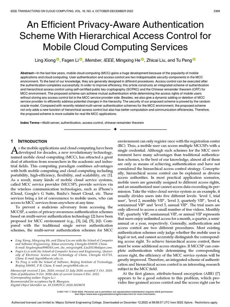 An Efficient Privacy-Aware Authentication Scheme With Hierarchical Access Control For Mobile ...
