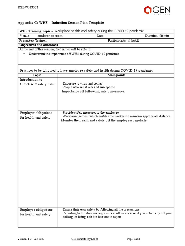 1 - BSBWHS521 Appendix C - WHS-Induction Session Plan Template | PDF | Occupational Safety And ...