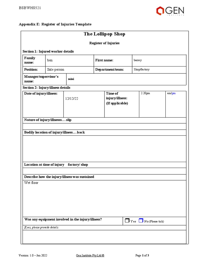 1 - BSBWHS521 Appendix E - Register of Injuries Template | PDF ...