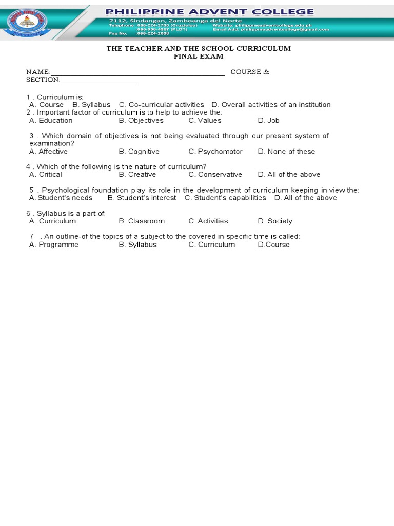 Teacher Curriculum Exam Questions | PDF | Curriculum | Evaluation