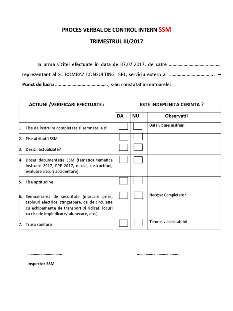 Proces Verbal de Control Intern SSM | PDF