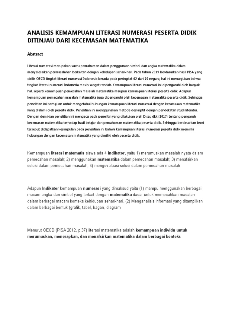 Analisis Kemampuan Literasi Numerasi Peserta Didik Ditinjau Dari Kecemasan Matematika | PDF ...
