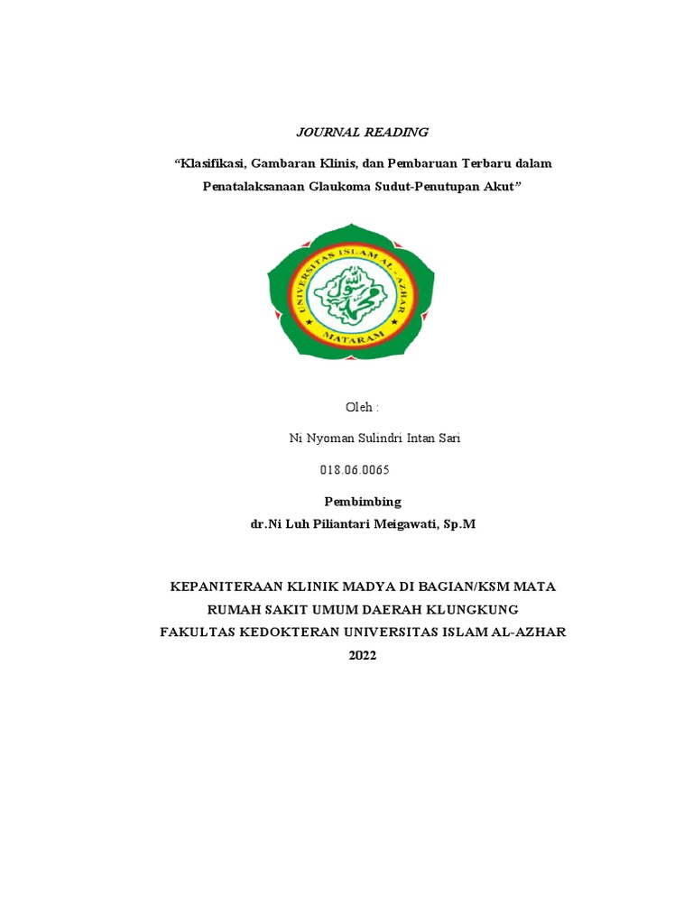 Laporan Jurnal Reading Mata 2022 Intan - Glaukoma | PDF