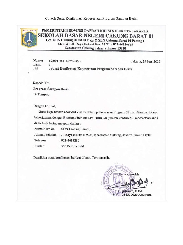 Contoh Surat Konfirmasi Kepesertaan Program Sarapan Berisi | PDF