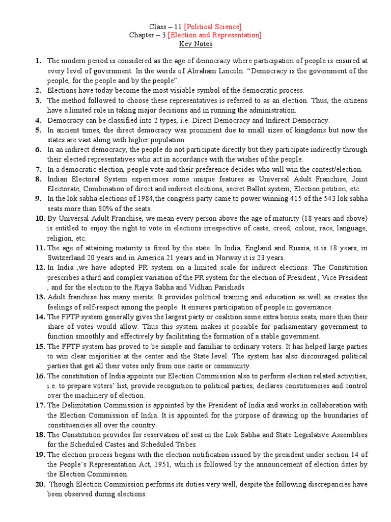 Class 11 Notes: Election and Representation | PDF | Elections | Democracy