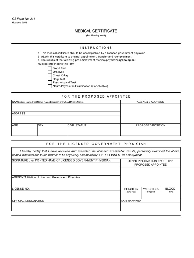 CS Form No. 211 Revised 2018 Medical Certificate - Xls - Compatibility Mode | PDF