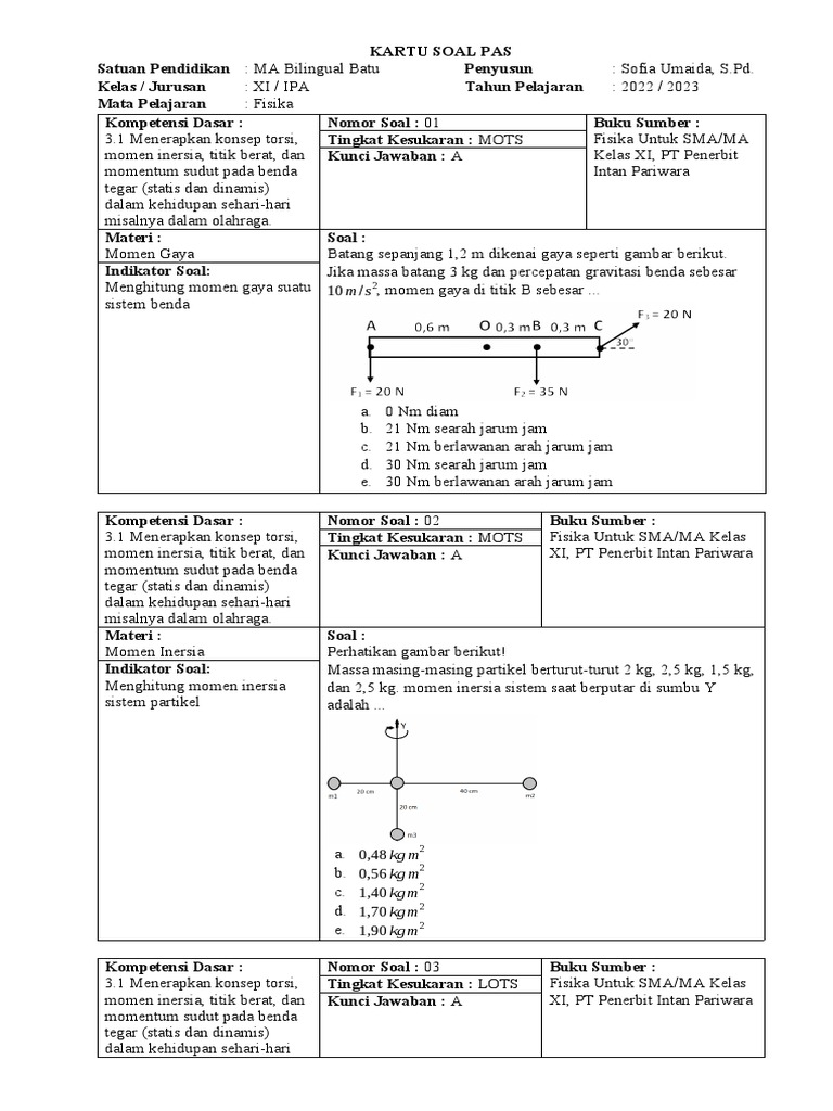 Kartu Soal Fisika Xi - Pas Ganjil 2023 | PDF