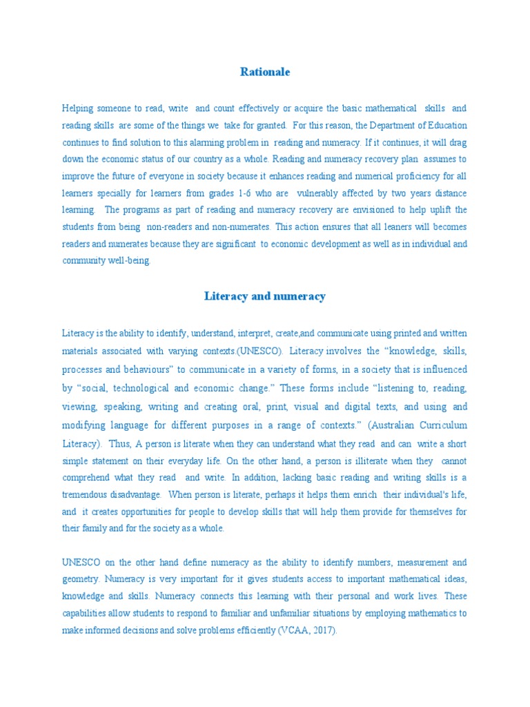 Rationale On Reading and Numeracy | PDF | Literacy | Teaching Method