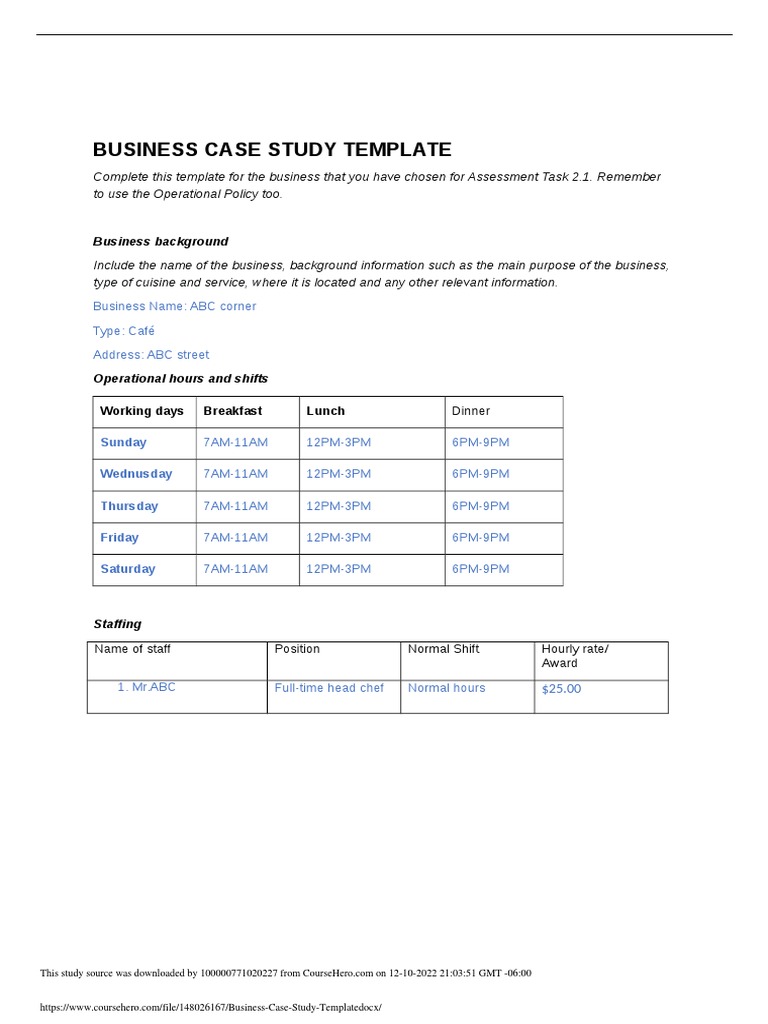 Business Case Study Template | PDF | Chef | Business