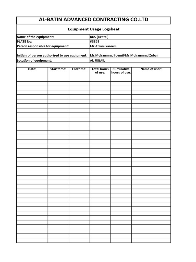 Template Equipment Usage Logsheet | PDF