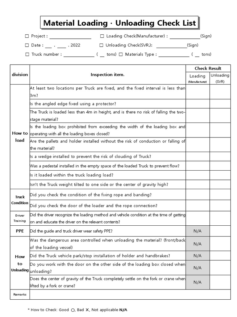 Att 1. Materials Loading Unloading Check List | PDF | Truck | Crane ...