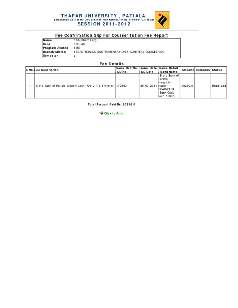 TIET (Fee Confirmation Slip For Course - Tution Fee Report) | PDF ...