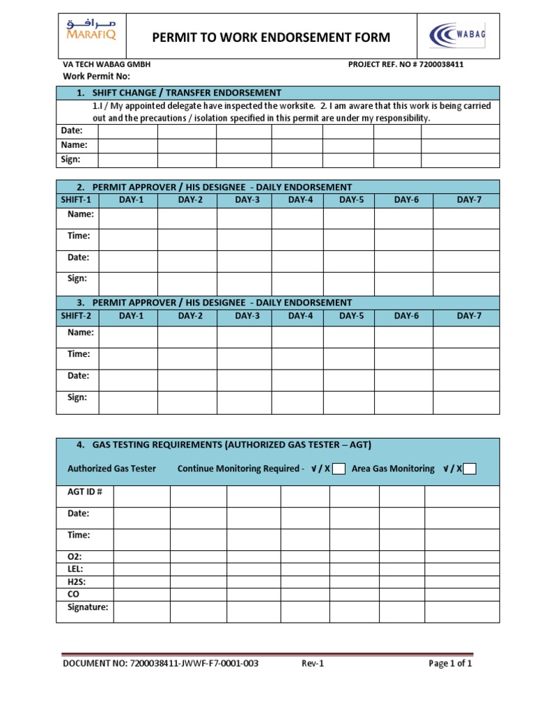 Annexure # J - Permit To Work Endorsement Form. | PDF