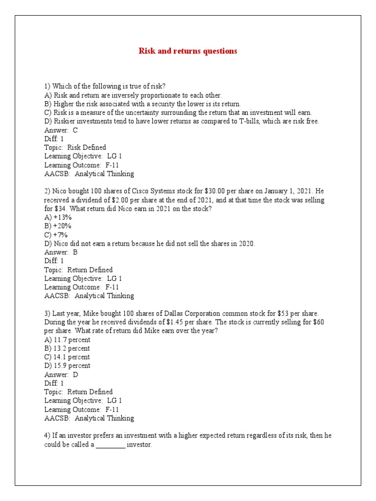 Risk and Returns Questions With Answers | Download Free PDF | Capital ...