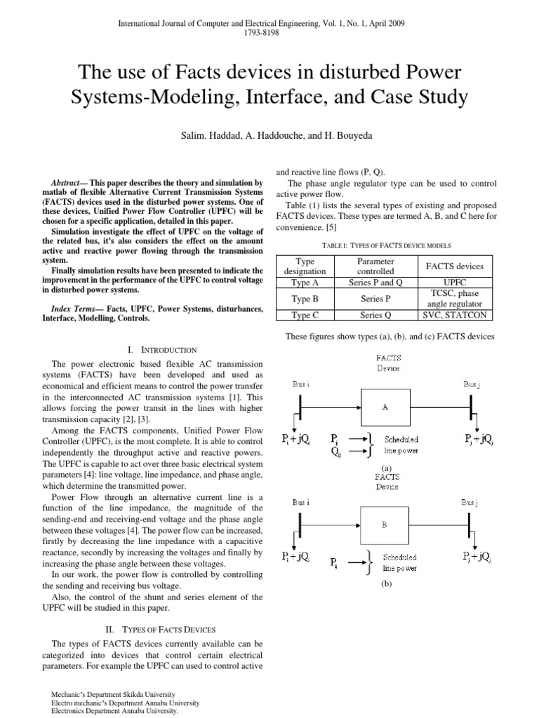 The Use of Facts Devices in Disturbed Power Systems-Modeling, Interface ...