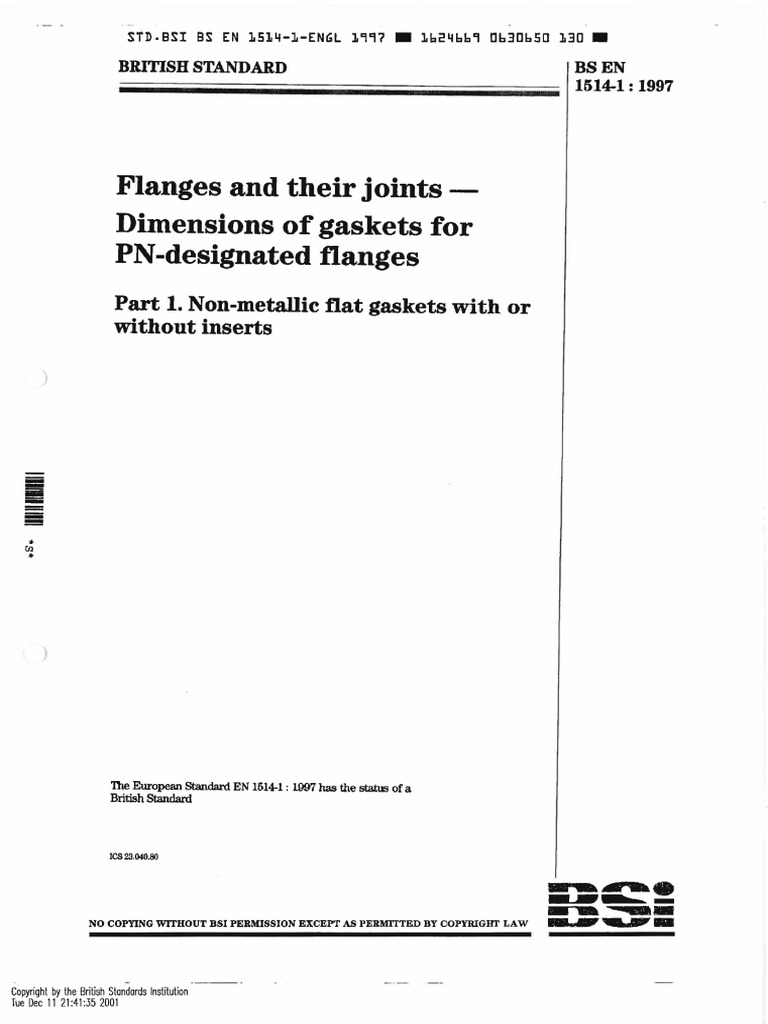 ISO 1514-1 1997 Non - Metallic Flat Gasket With or Whithout Inserts | PDF | Pipe (Fluid ...