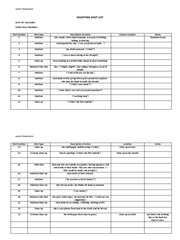 Film Crew: Party Scene Shot List | PDF