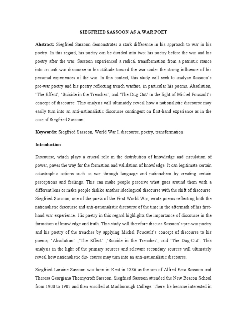 Siegfried Sassoon As A War Poet | PDF | Discourse | Power (Social And ...