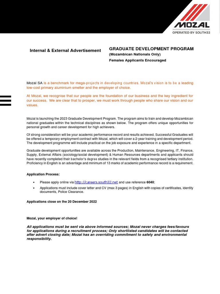 Mozal Graduate Development Program (Mozambican Nationals Only) - 6040 ...