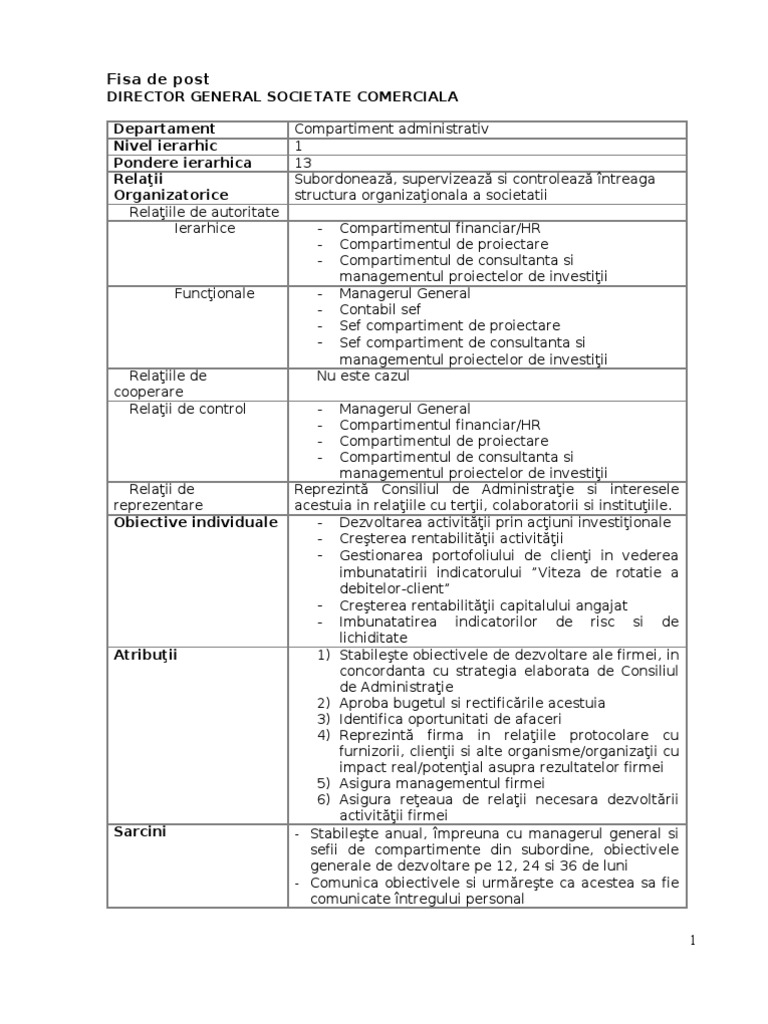 Fisa de Post Director General SOCIETATE COMERCIALA