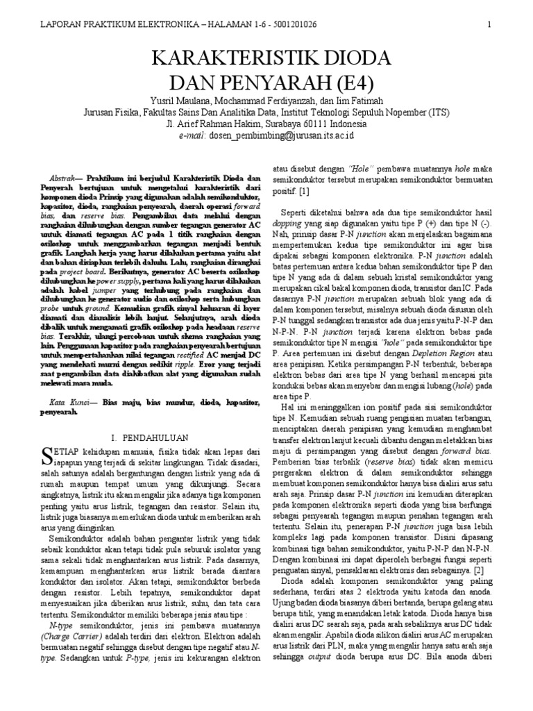 1 - C - Yusril Maulana - 5001201026 - Lapres E4 - Karakteristik Dioda Dan Penyearah | PDF ...