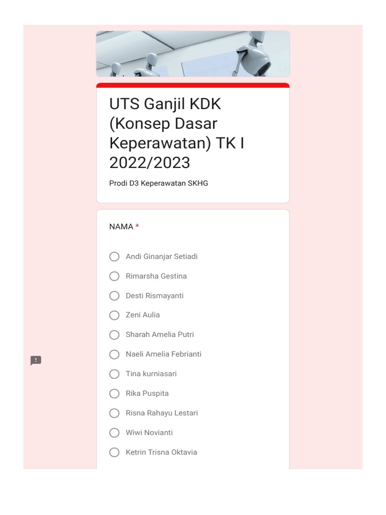 UTS Ganjil KDK (Konsep Dasar Keperawatan) TK I 2022/2023: Prodi D3 Keperawatan SKHG | PDF