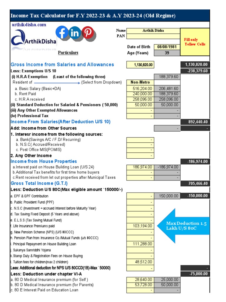 TAX Calculation FY 22-23 AY23-24 | PDF | Taxes | Tax Deduction