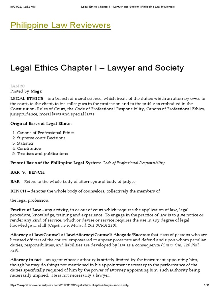 Legal Ethics Chapter I - Lawyer and Society - Philippine Law Reviewers ...