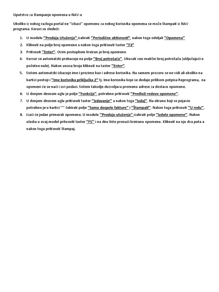 Uputstvo Za Štampanje Opomena U NAV | PDF