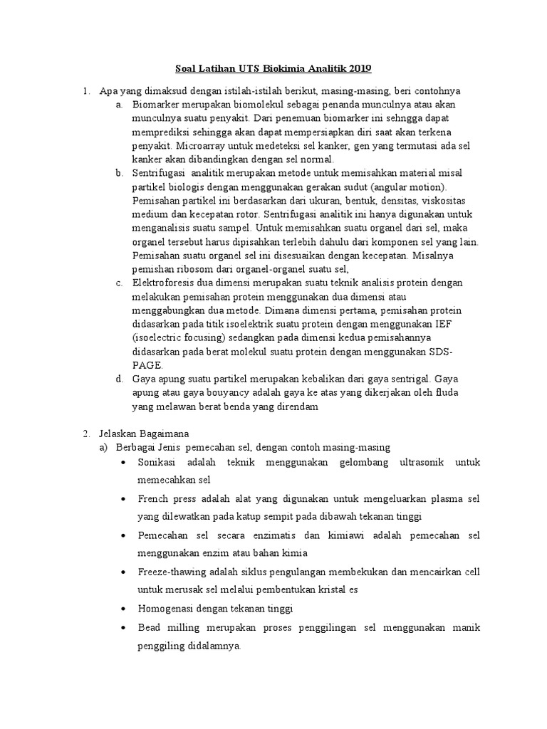 Soal LATIHAN UTS Rev Biokimia Analitik 2019xxxxx | PDF | Sains & Matematika