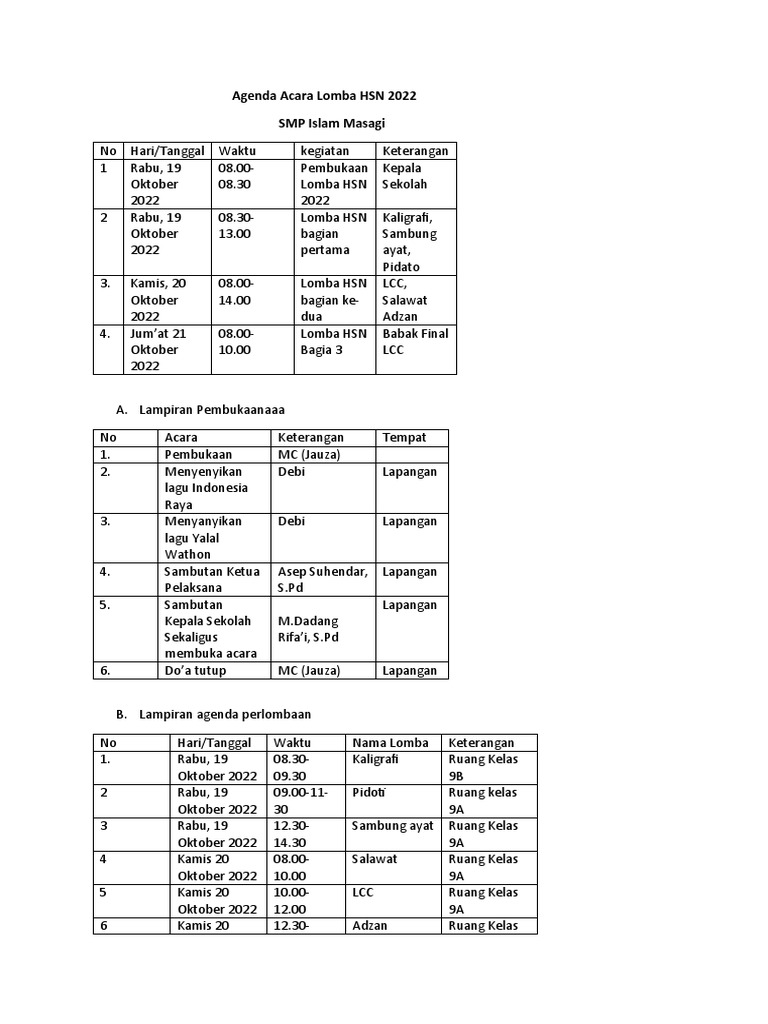 Agenda Acara Lomba HSN 2022 | PDF