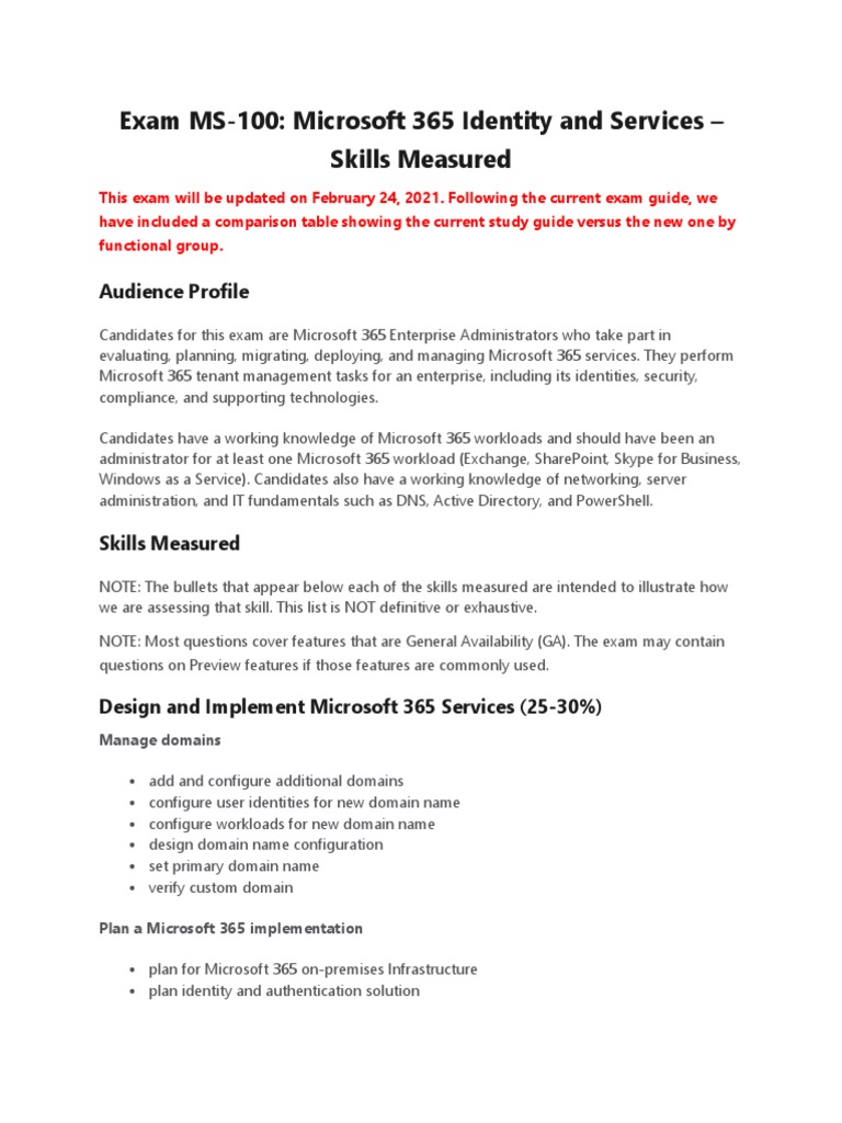 Exam Ms 100 Microsoft 365 Identity and Services Skills Measured | PDF | Mobile App | Share Point