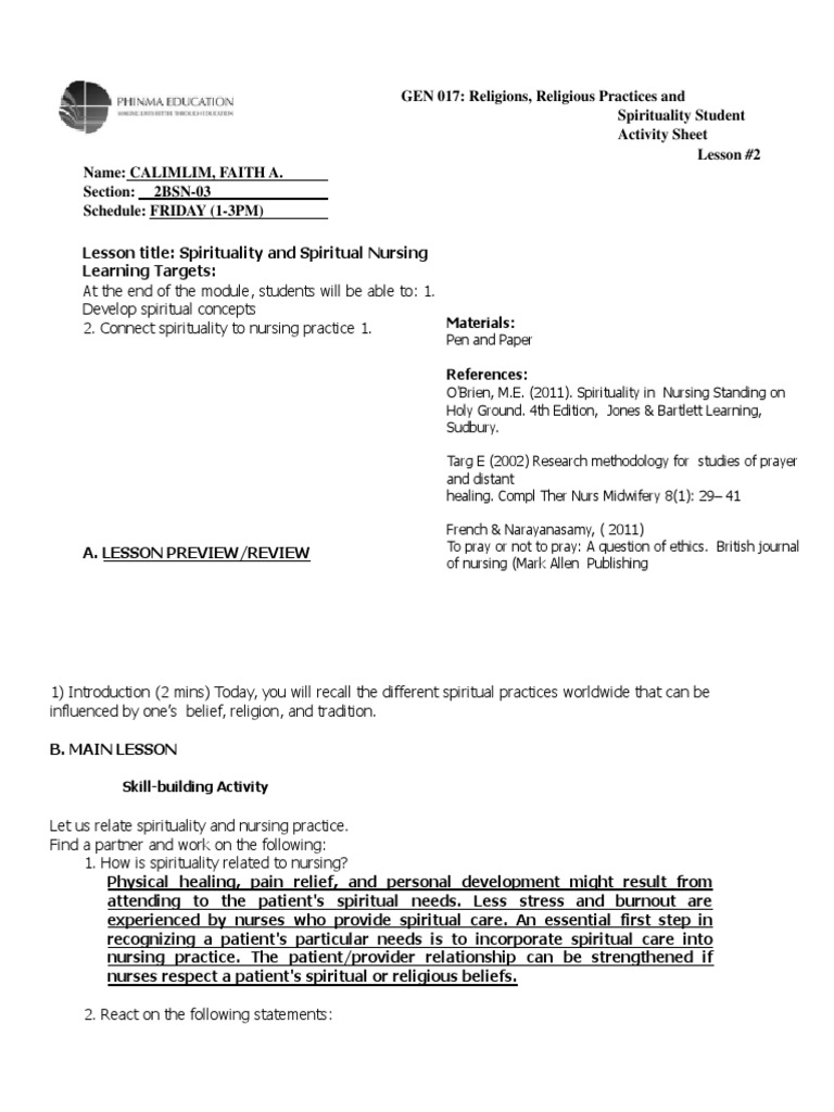 Gen 017 Sas Lesson 2 Pdf Nursing Prayer