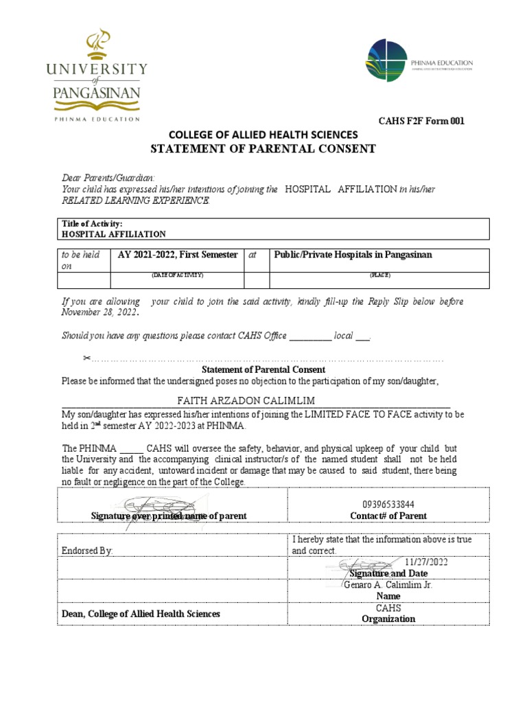 Upang Parental Consent Rle Hospital Duty | PDF