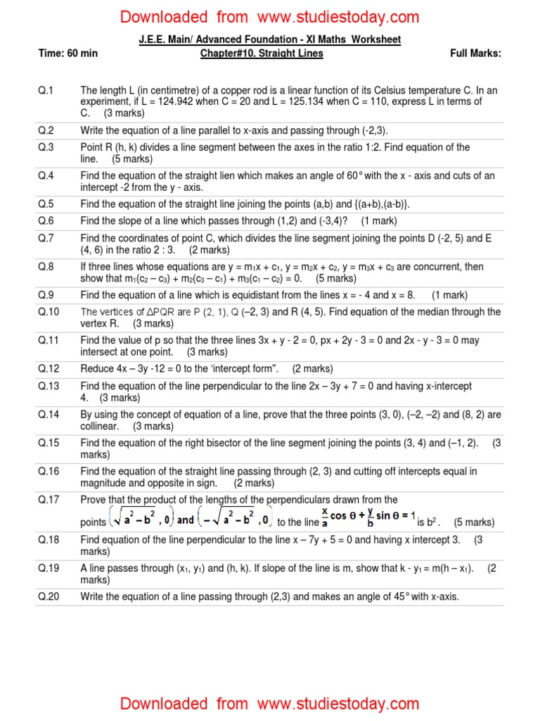 CBSE Class 11 Mathematics Straight Lines Worksheet Set F | PDF | Line (Geometry) | Analytic Geometry