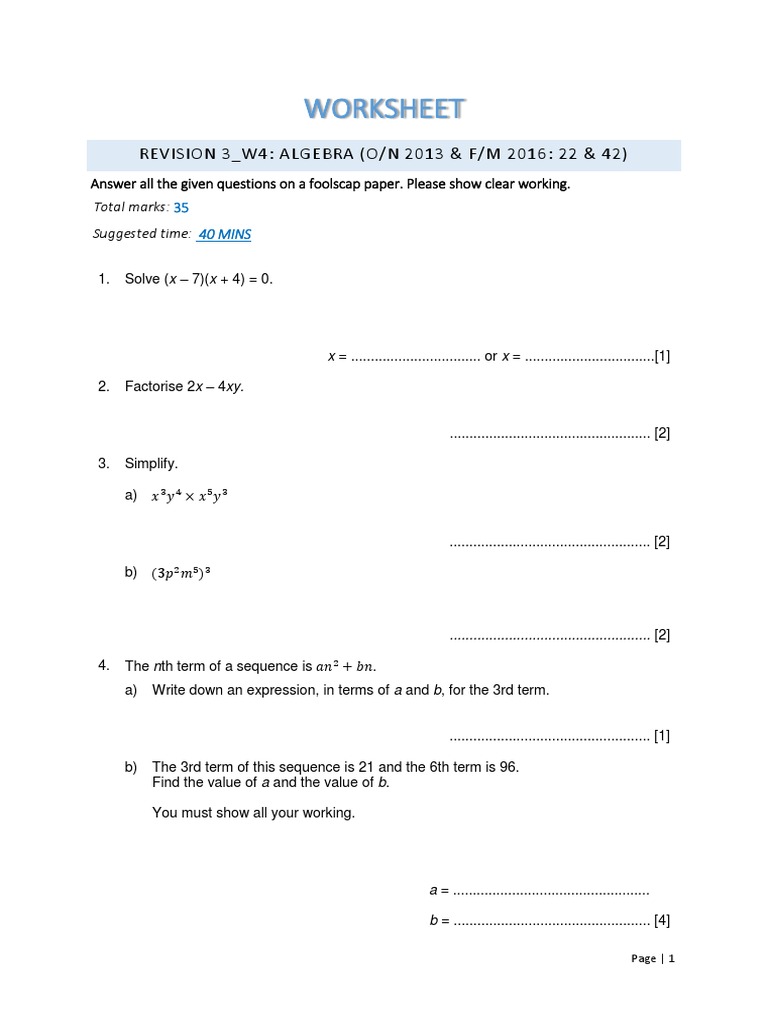 Algebra Worksheet: Revision Exercises | PDF | Elementary Mathematics ...