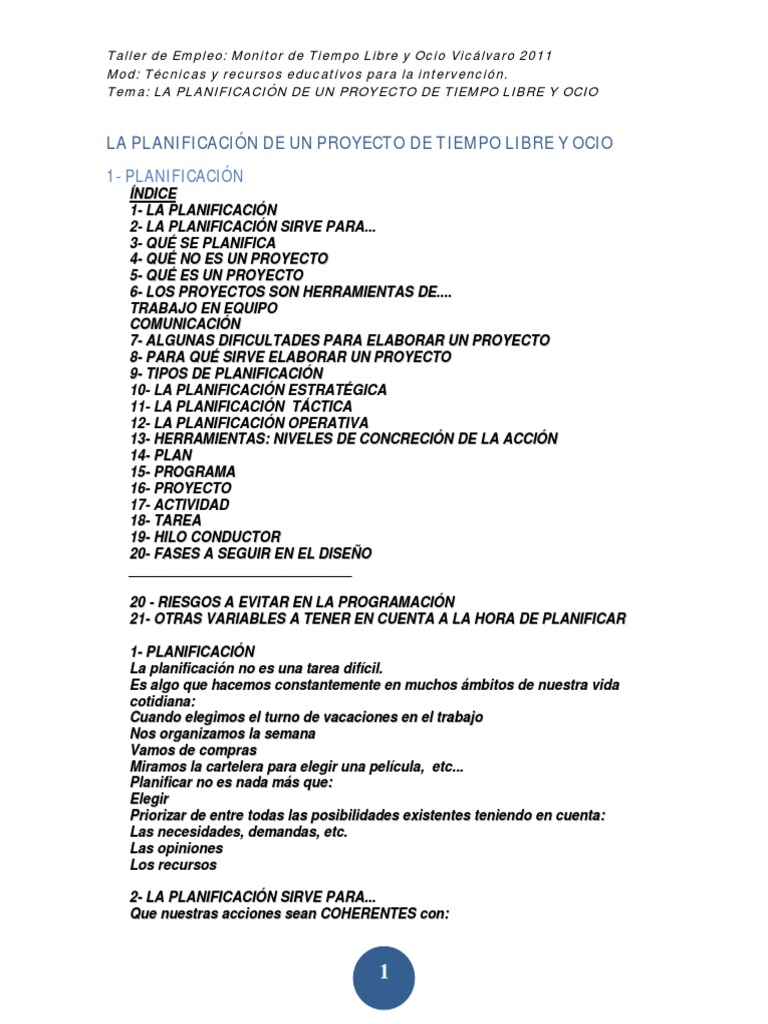 1-La Planificación de Un Proyecto de Tiempo Libre y Ocio | PDF ...