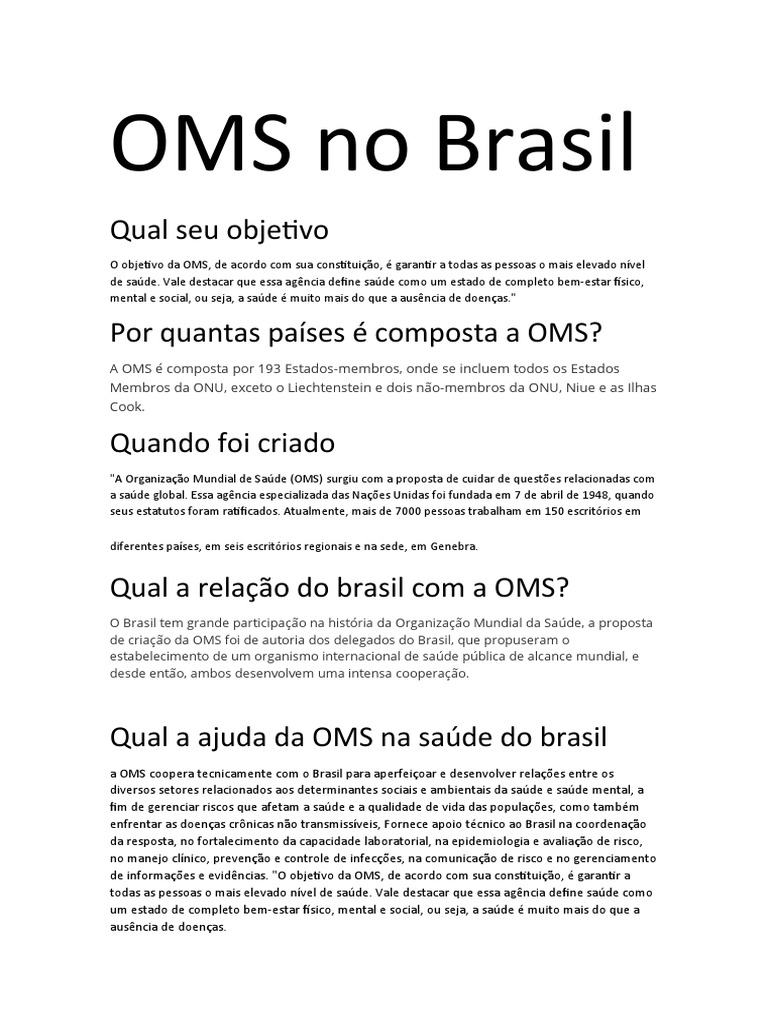 OMS Brasil | PDF | Organização Mundial da Saúde | Brasil