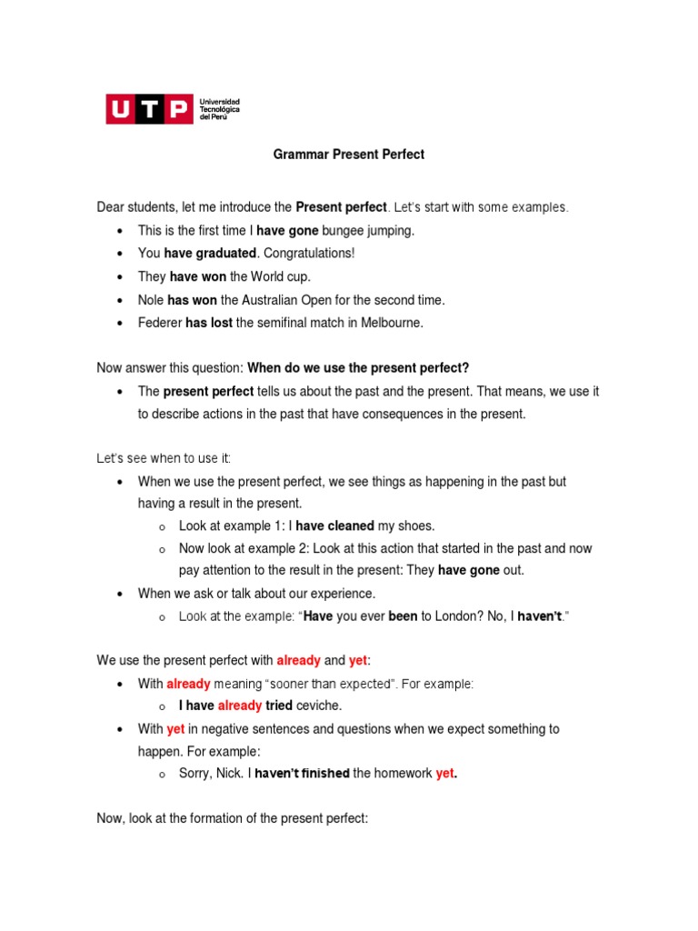 Week 6 - Script - Grammar Present Perfect | PDF